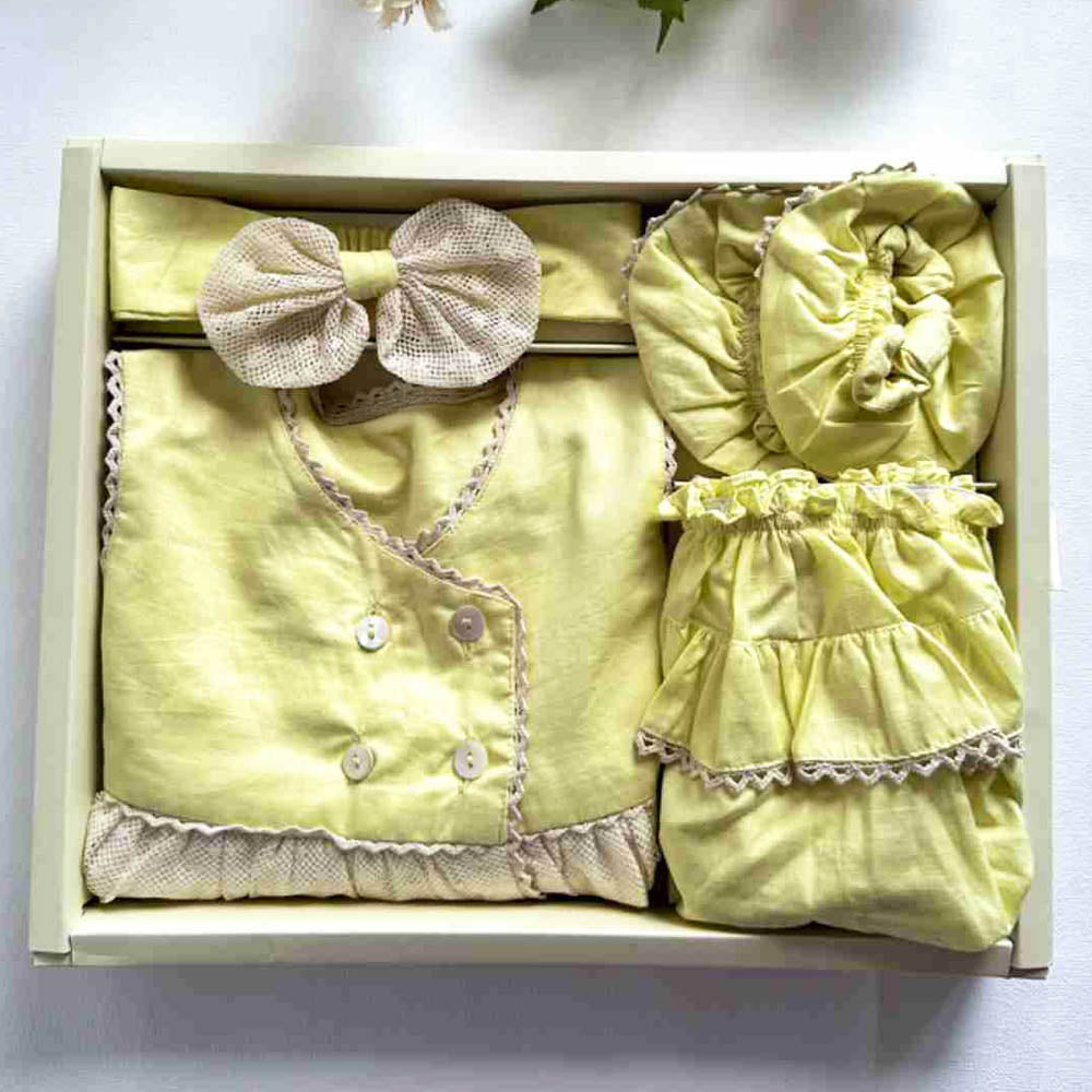 Yellow Cotton Frock With Bloomer, Booties & Headband Gift Set – Greenbell